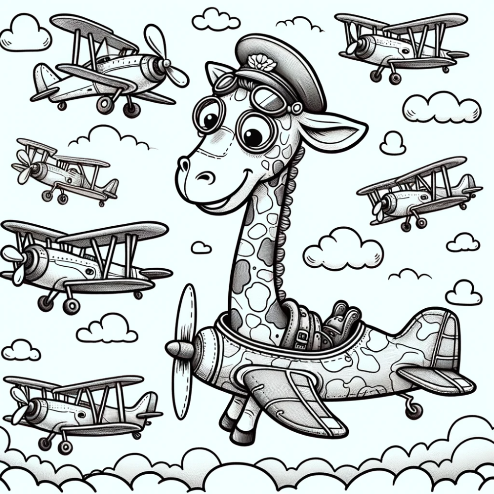 Coloring Page: Whimsical Aviation Adventure: Giraffe Color Page for Kids
