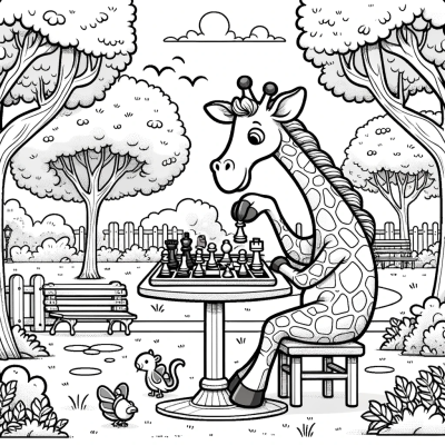 Coloring Page: Giraffe Chess Game - Fun Color Page for Kids