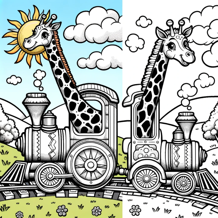 Coloring Page: Giraffe Train Adventure - Color Page for Kids