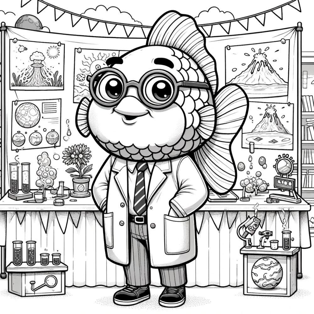 Coloring Page: Scientist Fish Laboratory - Fun Color Page for Kids
