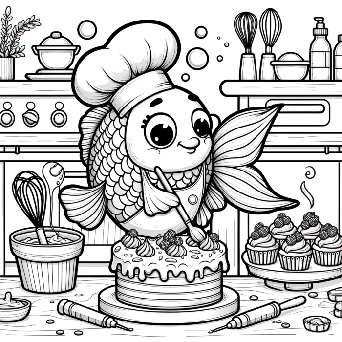 Coloring Page: Underwater Bakery - Fish Chef Color Page for Kids