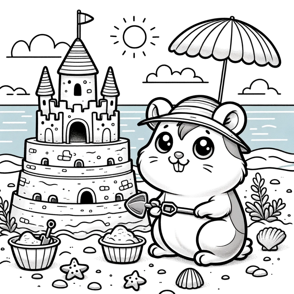 Coloring Page: Charming Hamster Beach Adventure - Color Page for Kids