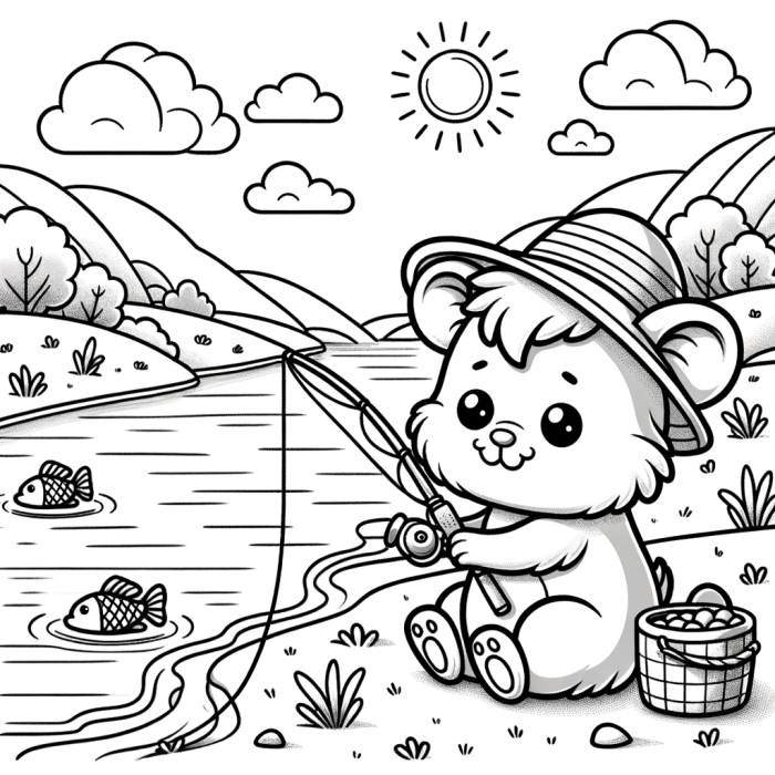 Coloring Page: Cheerful Bear Fishing - Free Printable Color Page for Kids