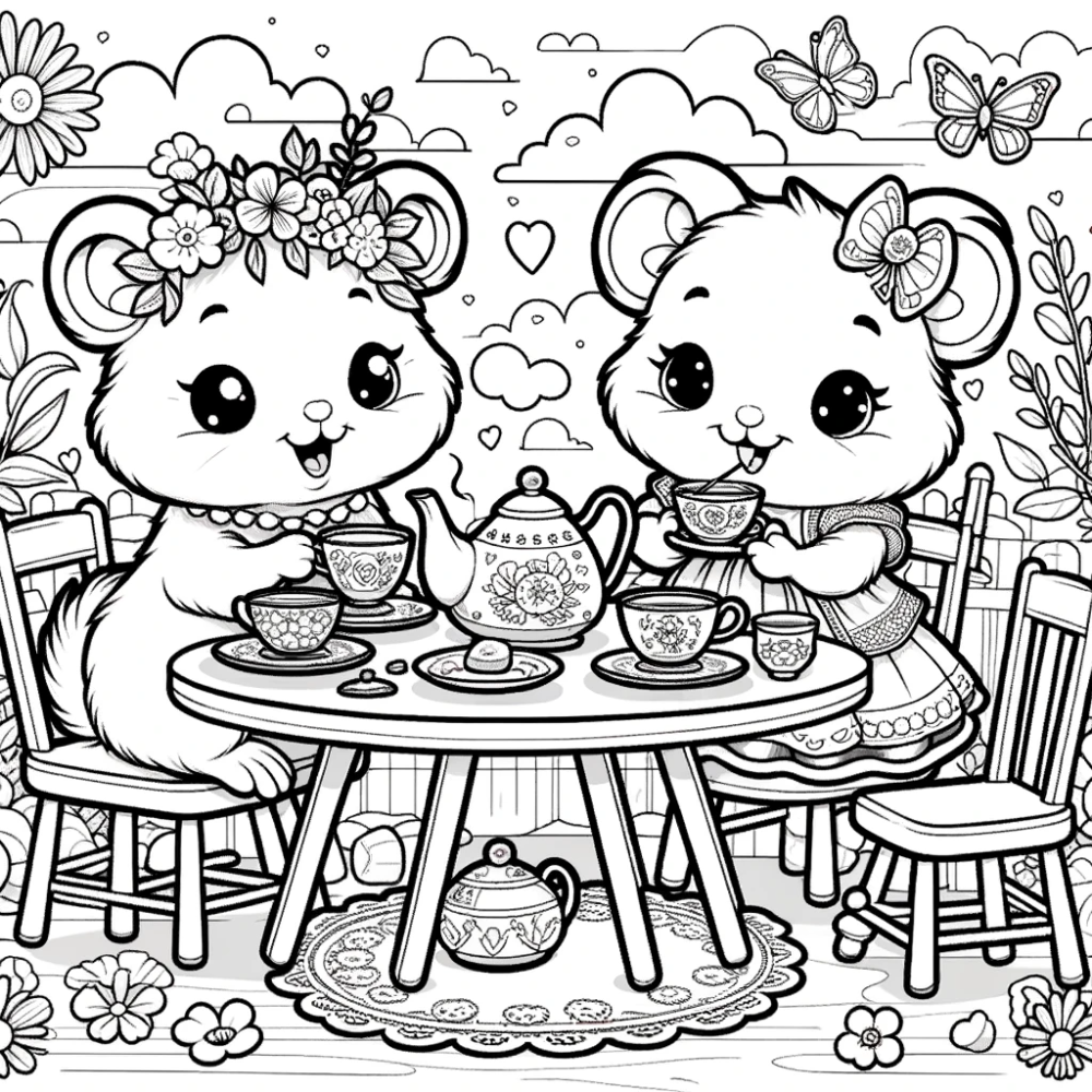 Coloring Page: Adorable Tea Party Color Page for Kids