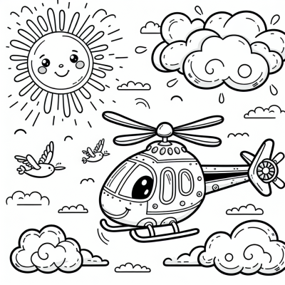 Coloring Page: Color Page for Kids: Fun Helicopter and Sky Scene