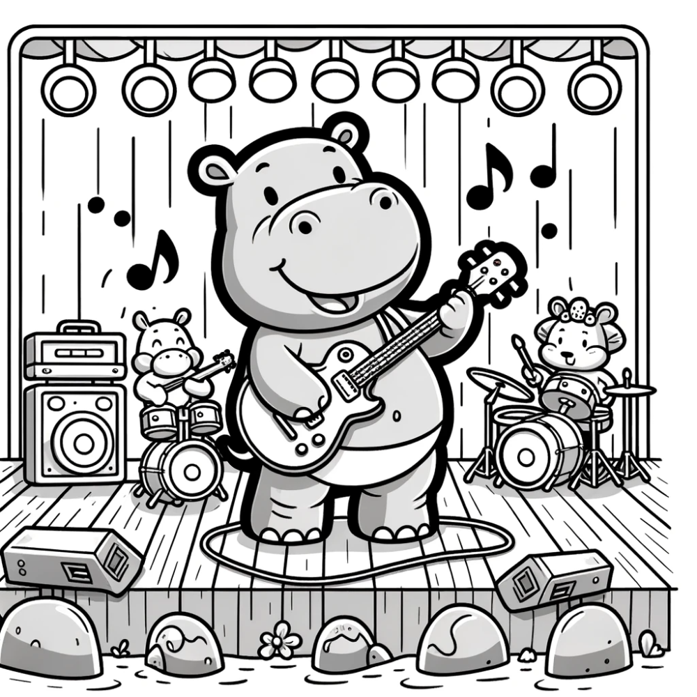 Coloring Page: Hippo Guitar Band Color Page for Kids - Fun Coloring ...