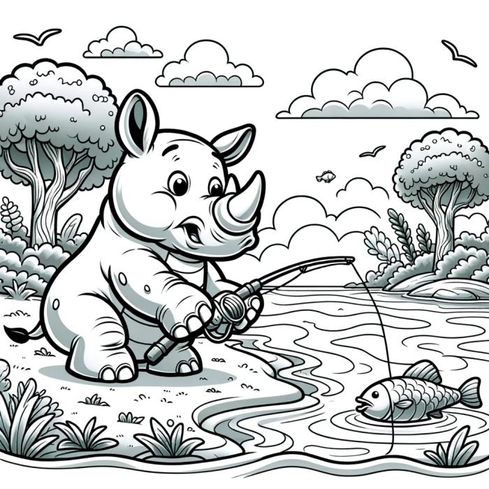 Coloring Page: Rhino Fishing Adventure - Free Color Page for Kids