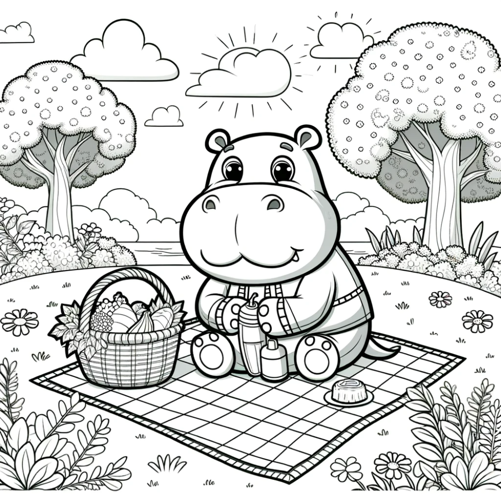 Coloring Page: Fun Hippo Picnic Color Page for Kids - Creative Coloring ...