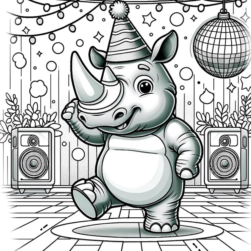 Coloring Page: Party Rhino - Fun Color Page for Kids
