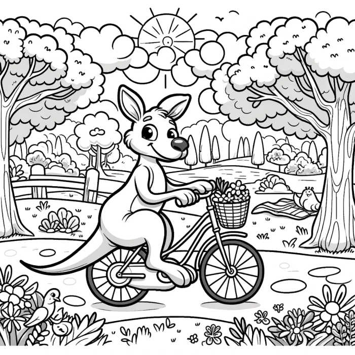 Coloring Page: Kangaroo Bicycle Ride - Fun Color Page for Kids