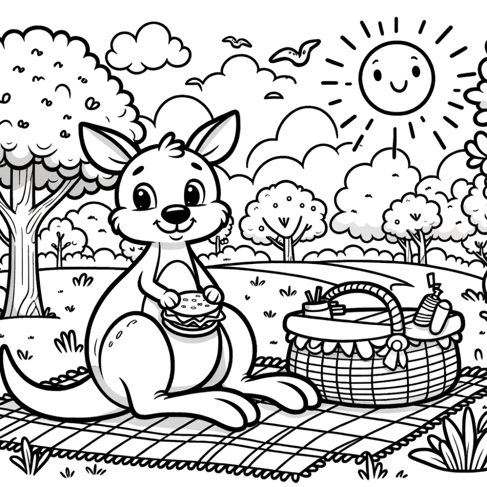 Coloring Page: Kangaroo Picnic - Free Color Page for Kids