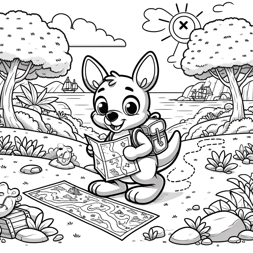 Coloring Page: Discover Adventure - Kangaroo Map Color Page for Kids