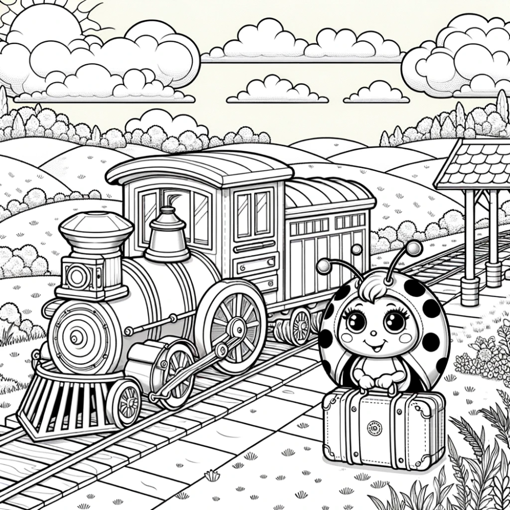 Coloring Page: Adorable Ladybug Train Station - Fun Color Page for Kids