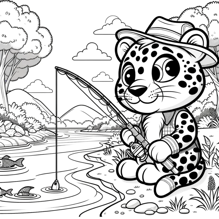 Coloring Page: Charming Leopard Fishing - Free Printable Color Page for ...