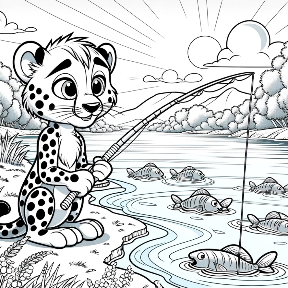Coloring Page: Cheetah Fishing Adventure - Free Coloring Page for Kids
