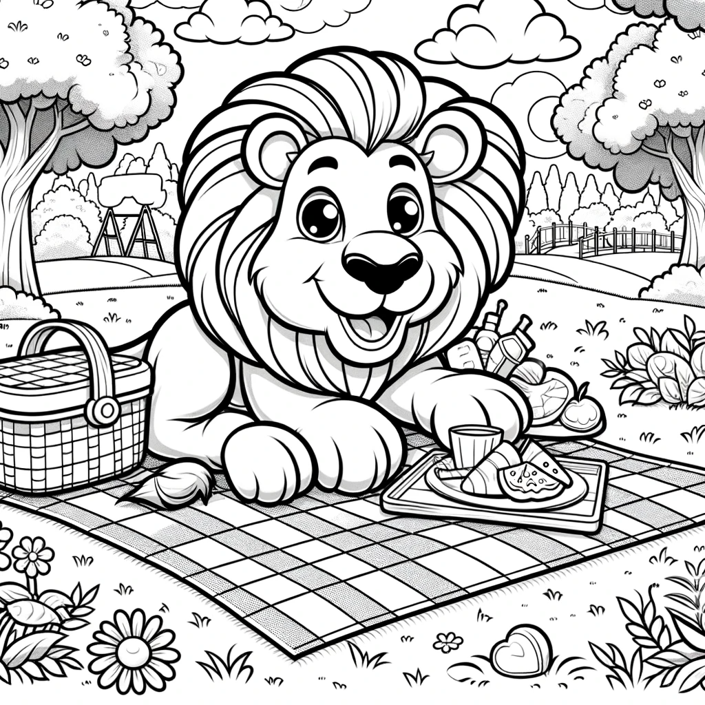 Coloring Page: Cheerful Lion Picnic Color Page for Kids - Creative Fun