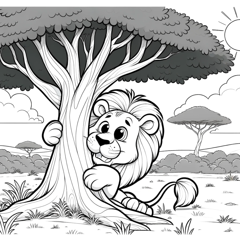 Coloring Page: Playful Lion Hide & Seek Color Page for Kids