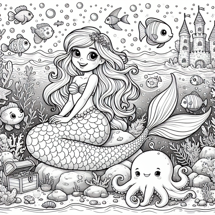 Coloring Page: Enchanting Mermaid Scene Color Page for Kids