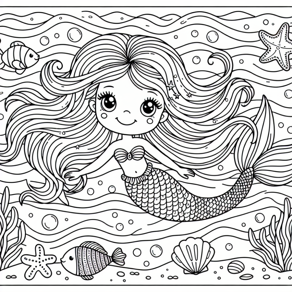 Coloring Page: Engaging Color Page for Kids Featuring an Adorable Mermaid