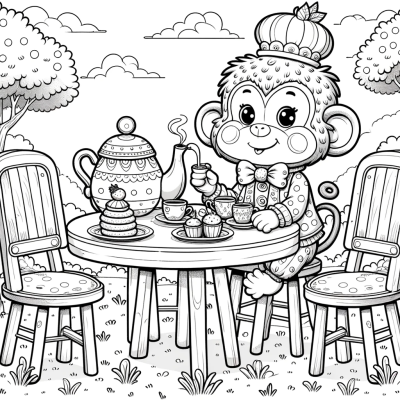 Coloring Page: Playful Monkey Tea Party - Color Page for Kids