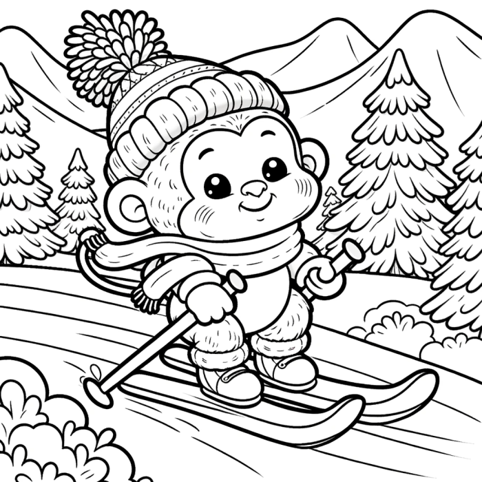 Coloring Page: Winter Monkey Ski Adventure - Color Page for Kids