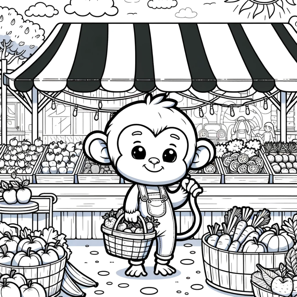 Coloring Page: Monkey Market Adventure - Color Page for Kids