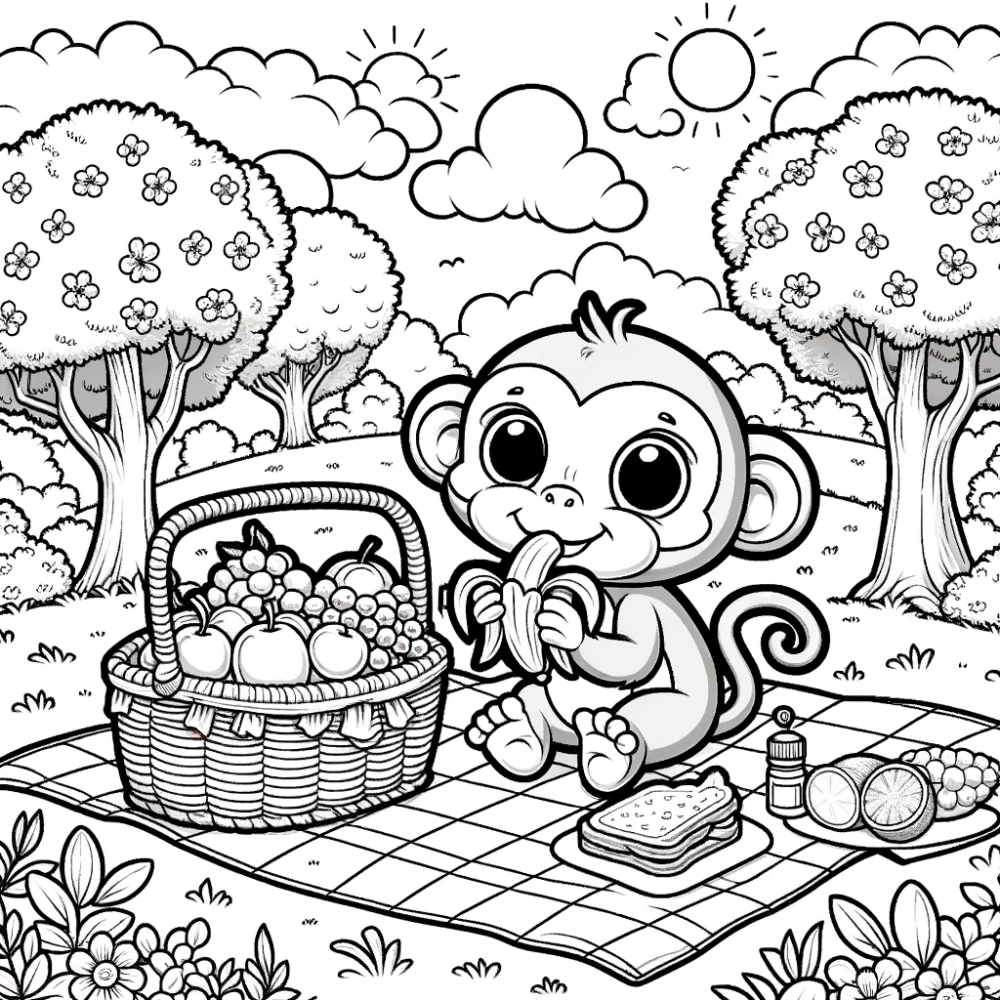 Coloring Page: Picnic Fun - Color Page for Kids with Playful Monkey