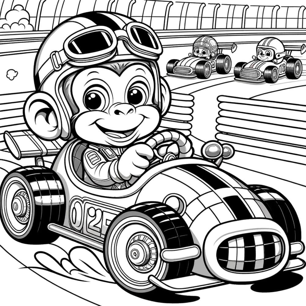 Coloring Page: Exciting Monkey Race Car Color Page for Kids