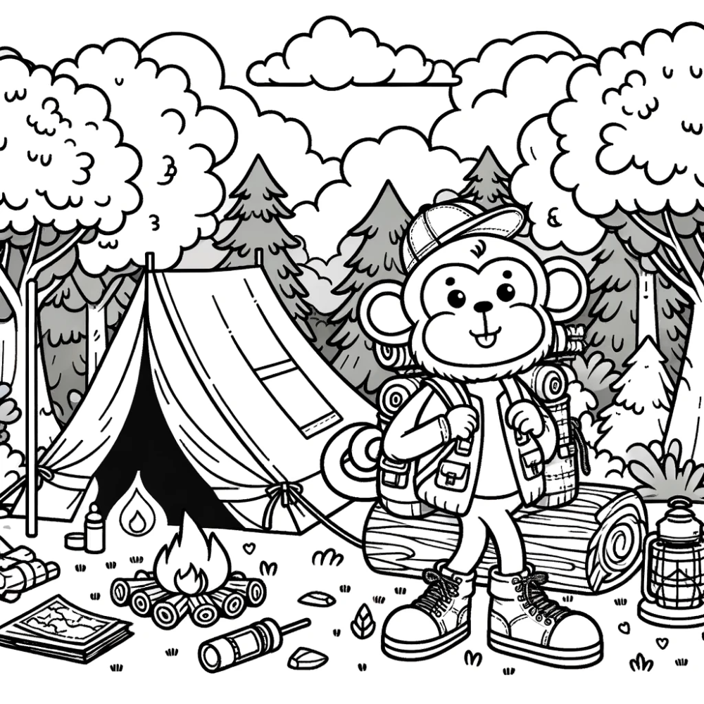 Coloring Page: Monkey Camping Adventure - Free Color Page for Kids