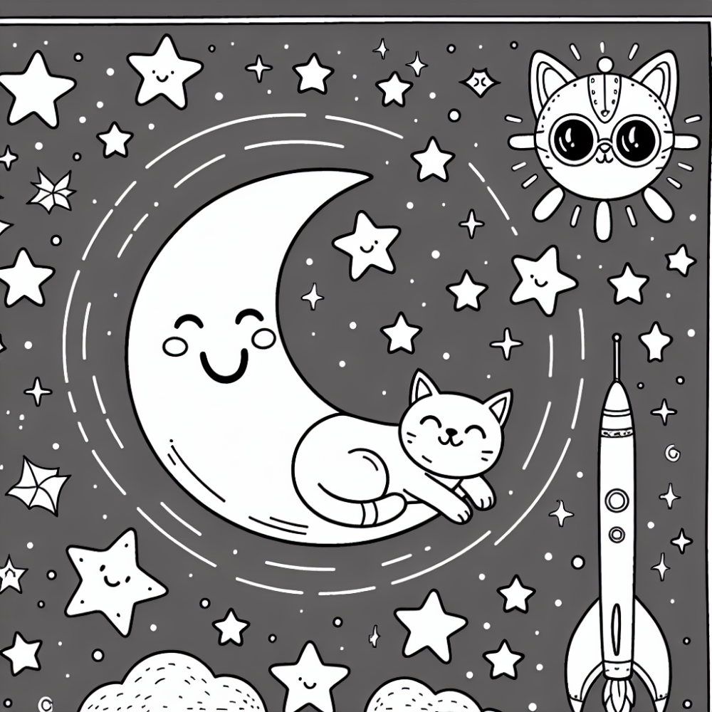 Coloring Page: Whimsical Cat on Moon Color Page for Kids