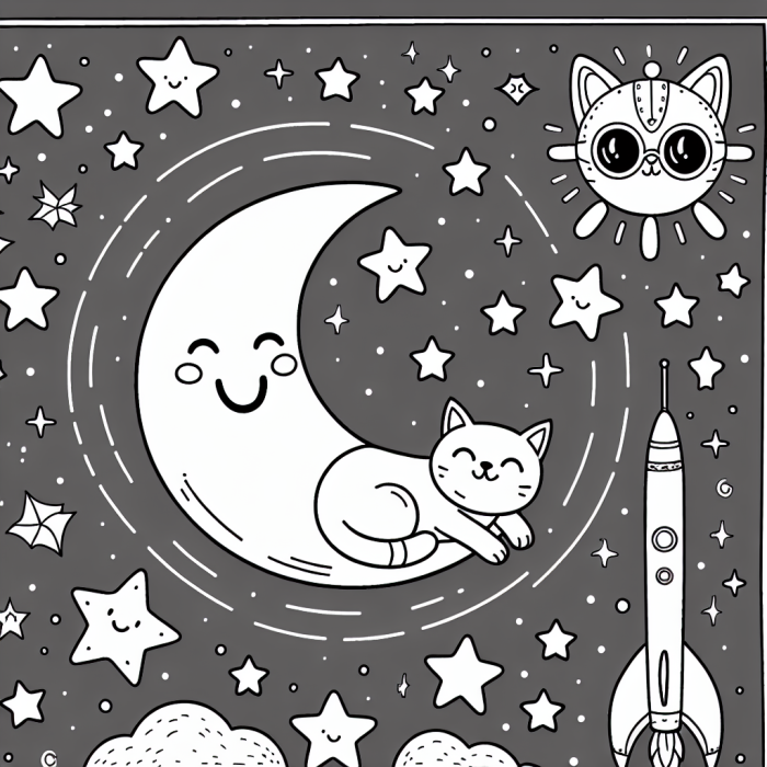 Coloring Page: Whimsical Cat on Moon Color Page for Kids