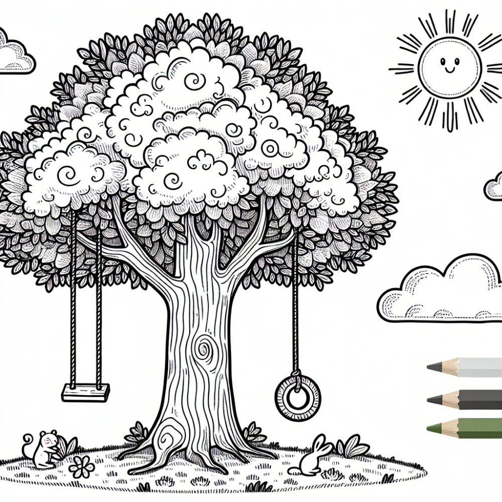Coloring Page: Color Page for Kids: Fun Tree with Swings and Forest Animals