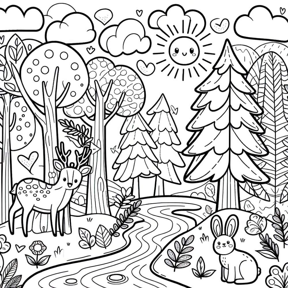 Coloring Page: Deer and Rabbit Forest Scene - Color Page for Kids