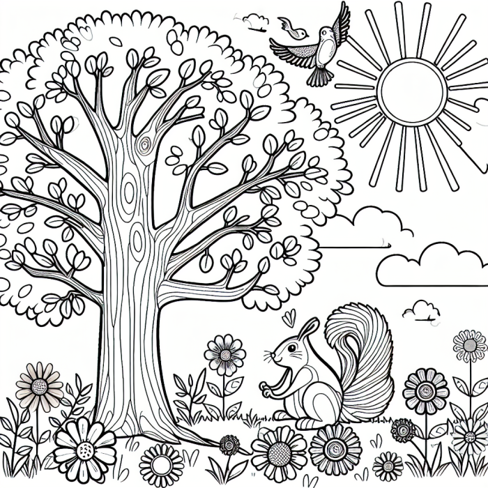 Coloring Page: Nature-Themed Color Page for Kids Featuring a Squirrel ...