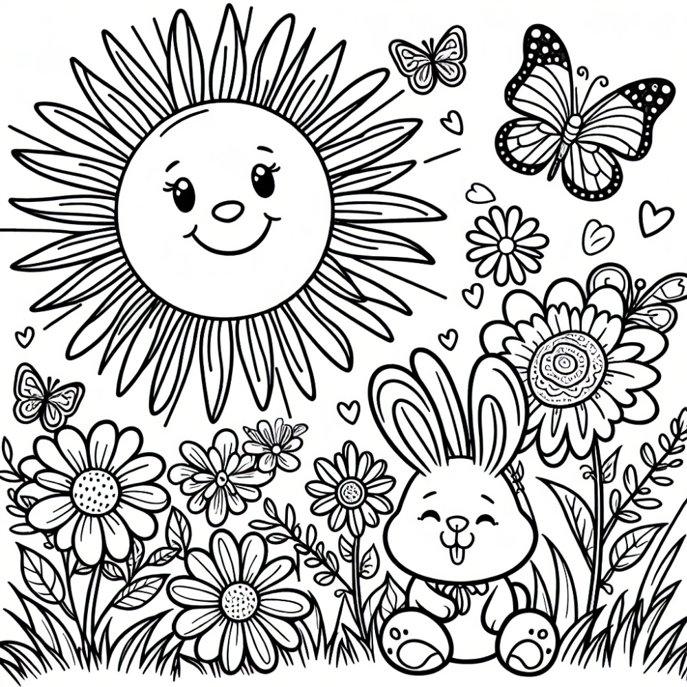 Coloring Page: Cheerful Bunny and Sun Color Page for Kids