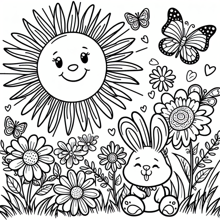 Coloring Page: Cheerful Bunny and Sun Color Page for Kids