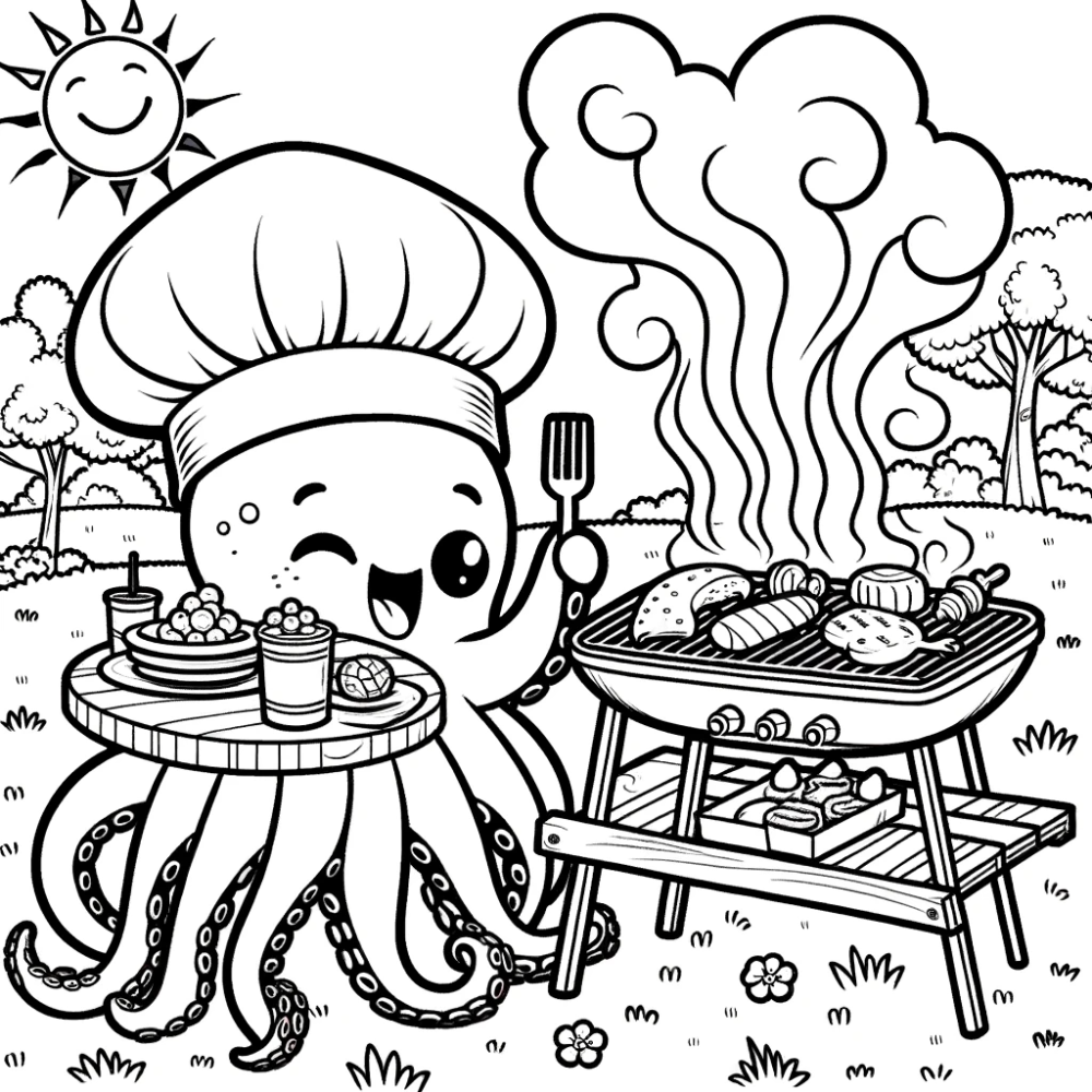 Coloring Page: Octopus Chef Color Page for Kids - Fun Grilling Adventure