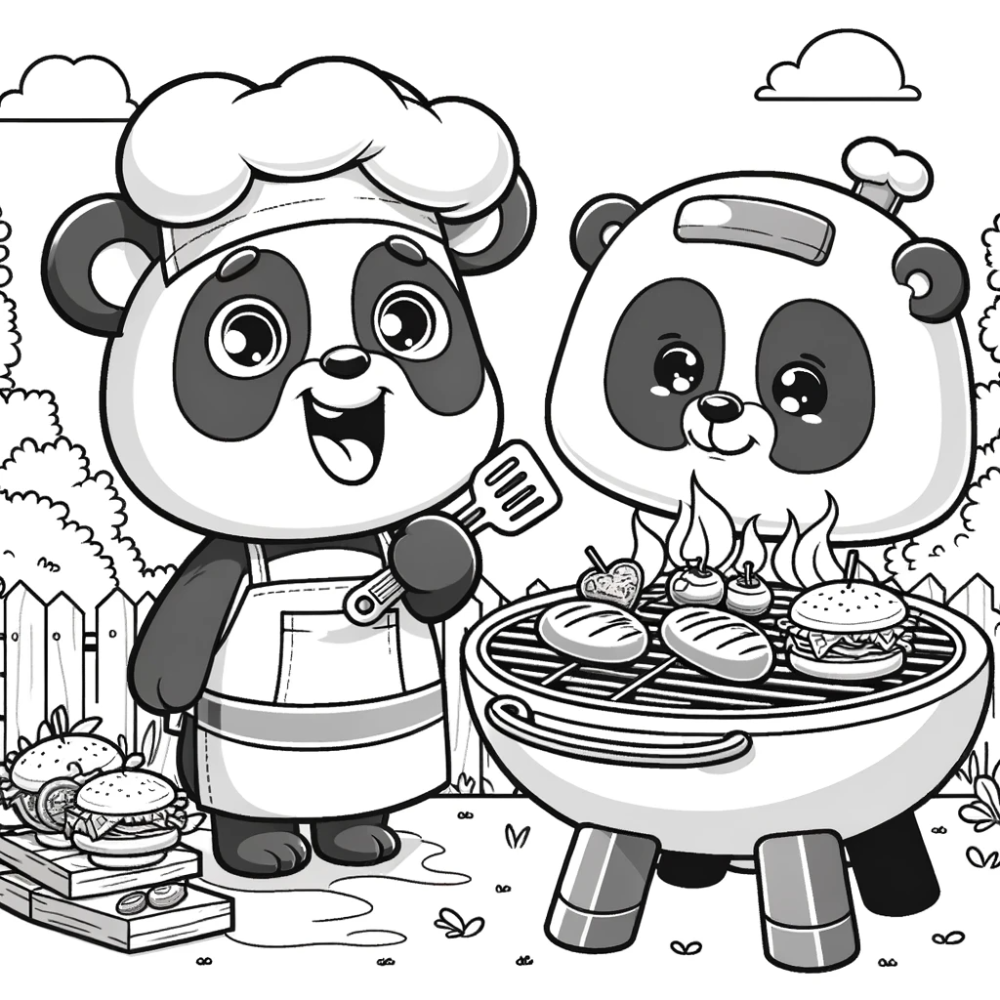 Coloring Page: Festive Panda Barbecue - Color Page for Kids