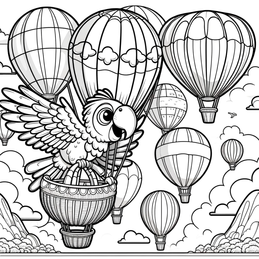 Coloring Page: Parrot Hot Air Balloon Adventure - Engaging Color Page ...