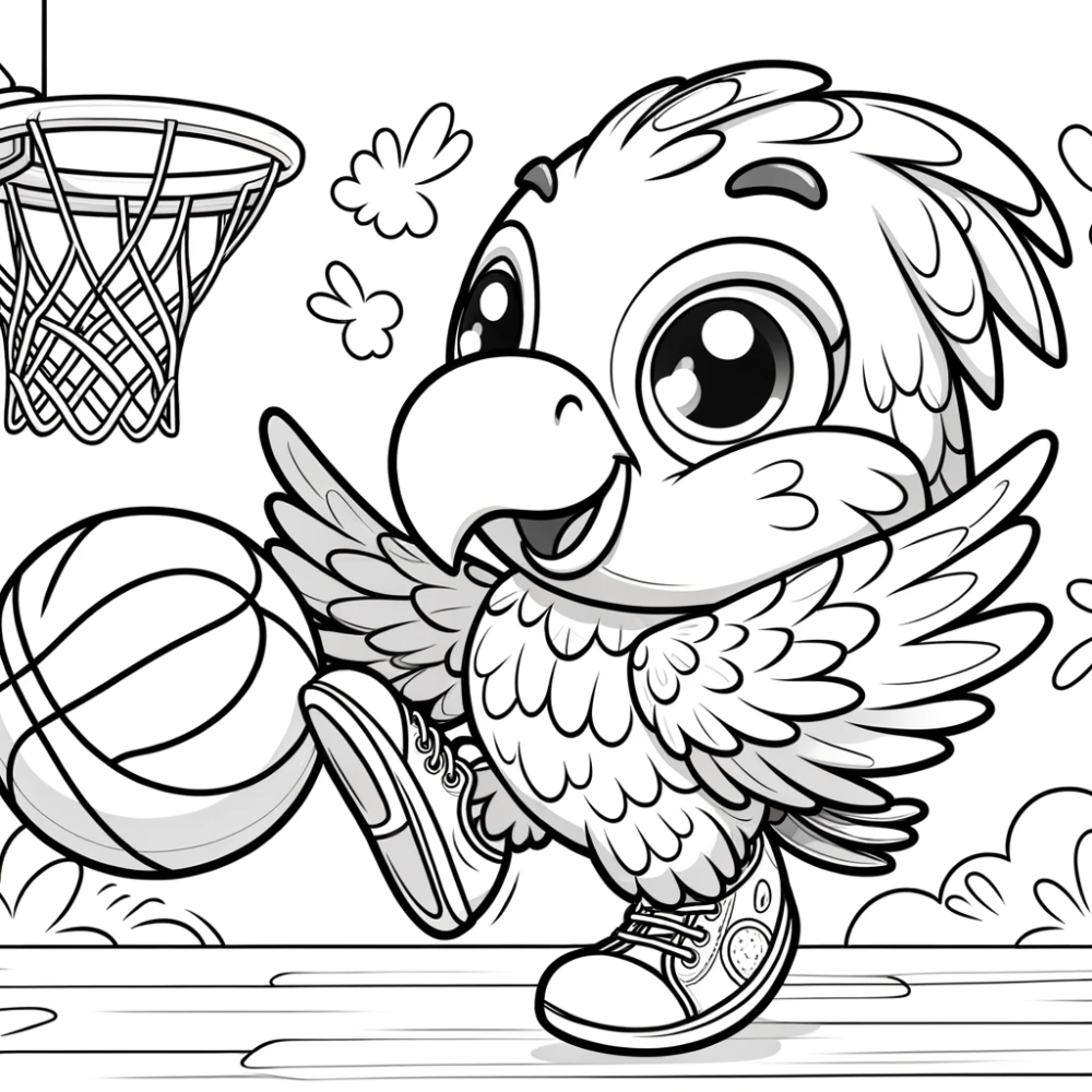 Coloring Page: Playful Bird Basketball Color Page for Kids