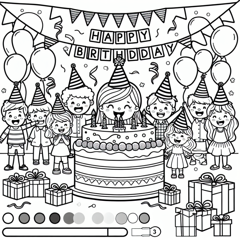 Coloring Page: Color Page for Kids: Joyful Birthday Party Scene