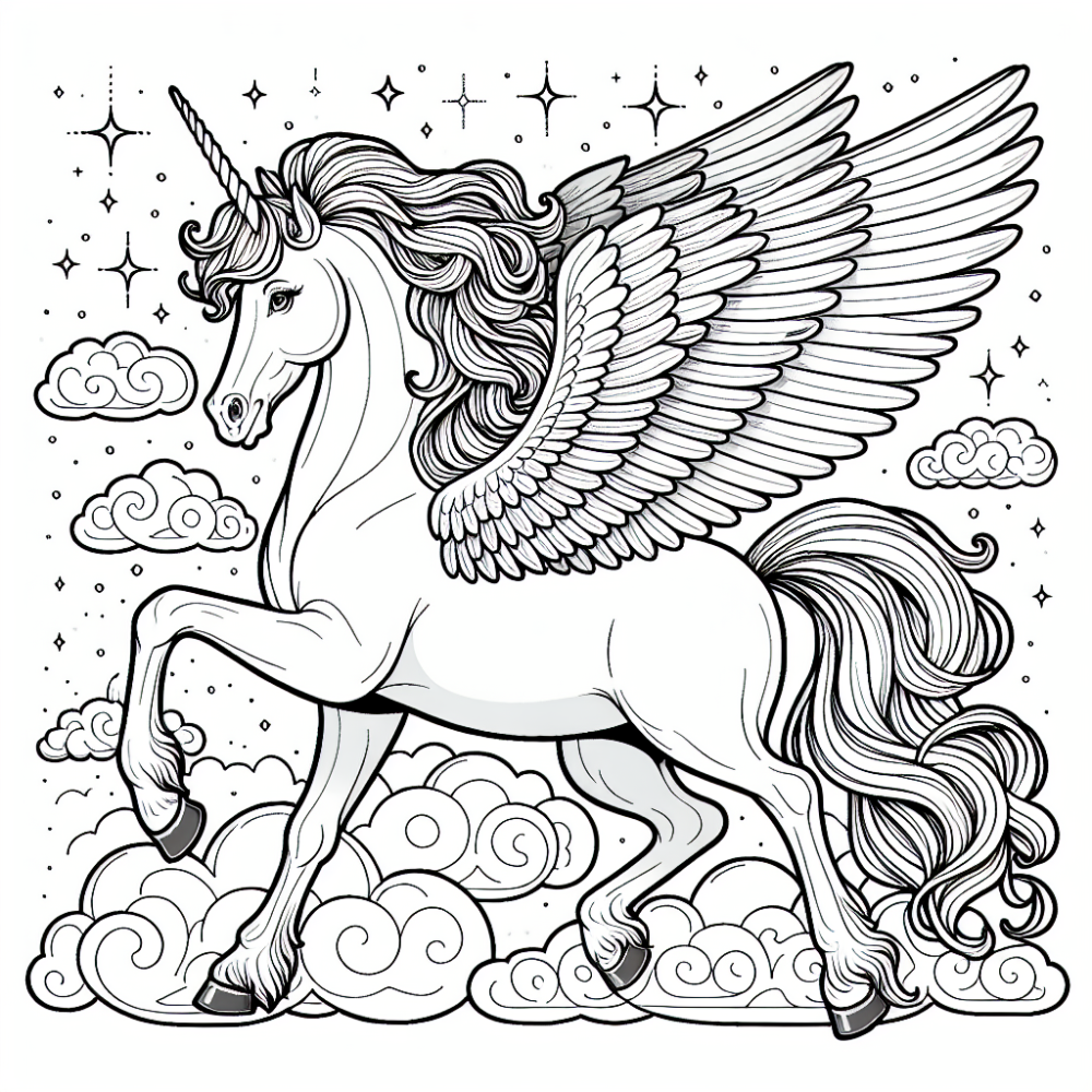 Coloring Page: Enchanting Flying Unicorn Color Page for Kids