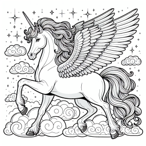 Coloring Page: Enchanting Flying Unicorn Color Page for Kids