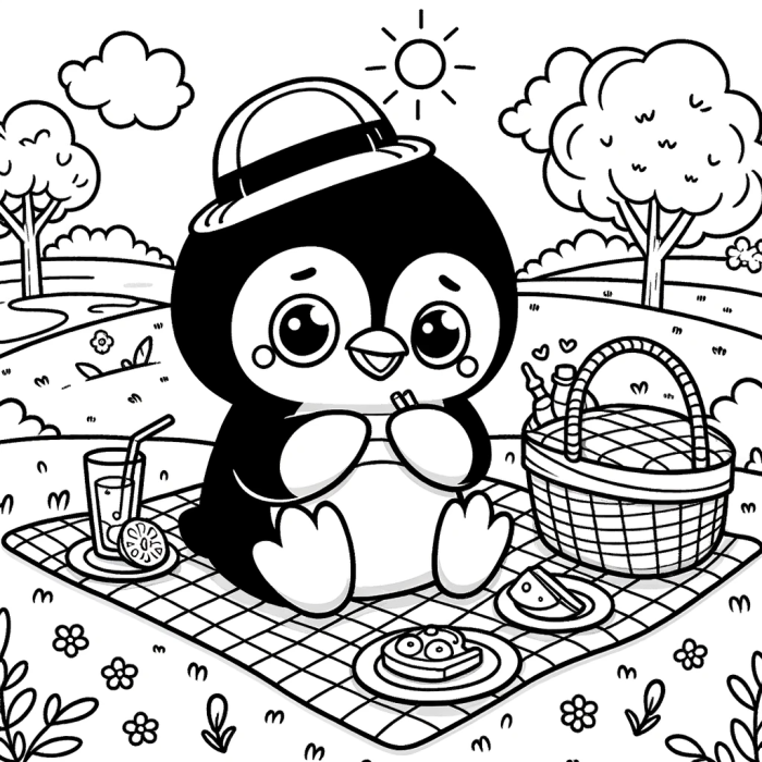 Coloring Page: Penguin Picnic Adventure - Free Color Page for Kids