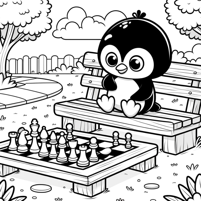 Coloring Page: Penguin Chess Game - Engaging Color Page for Kids