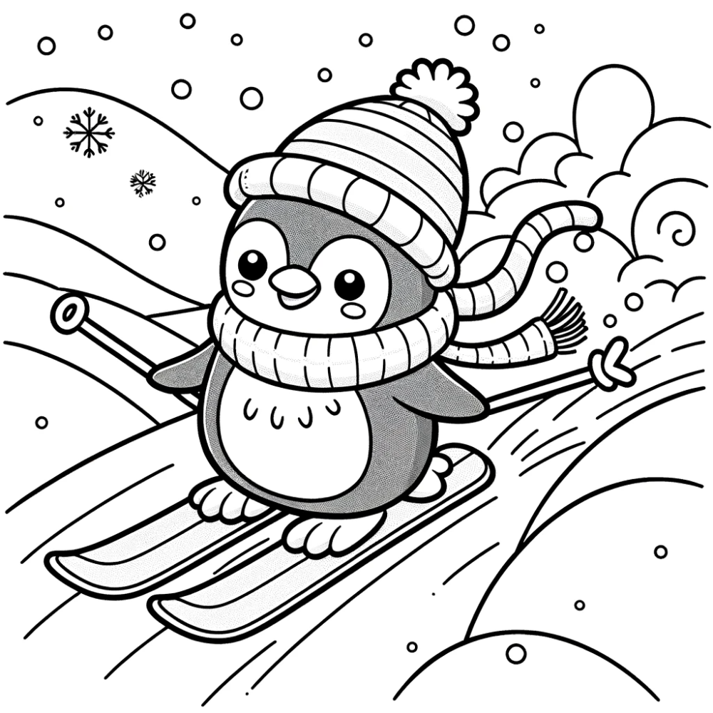 Coloring Page: Winter Fun Color Page for Kids - Happy Penguin Skiing ...