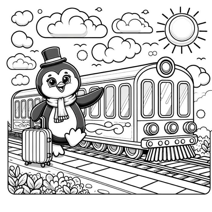 Coloring Page: Penguin Train Adventure - Color Page for Kids
