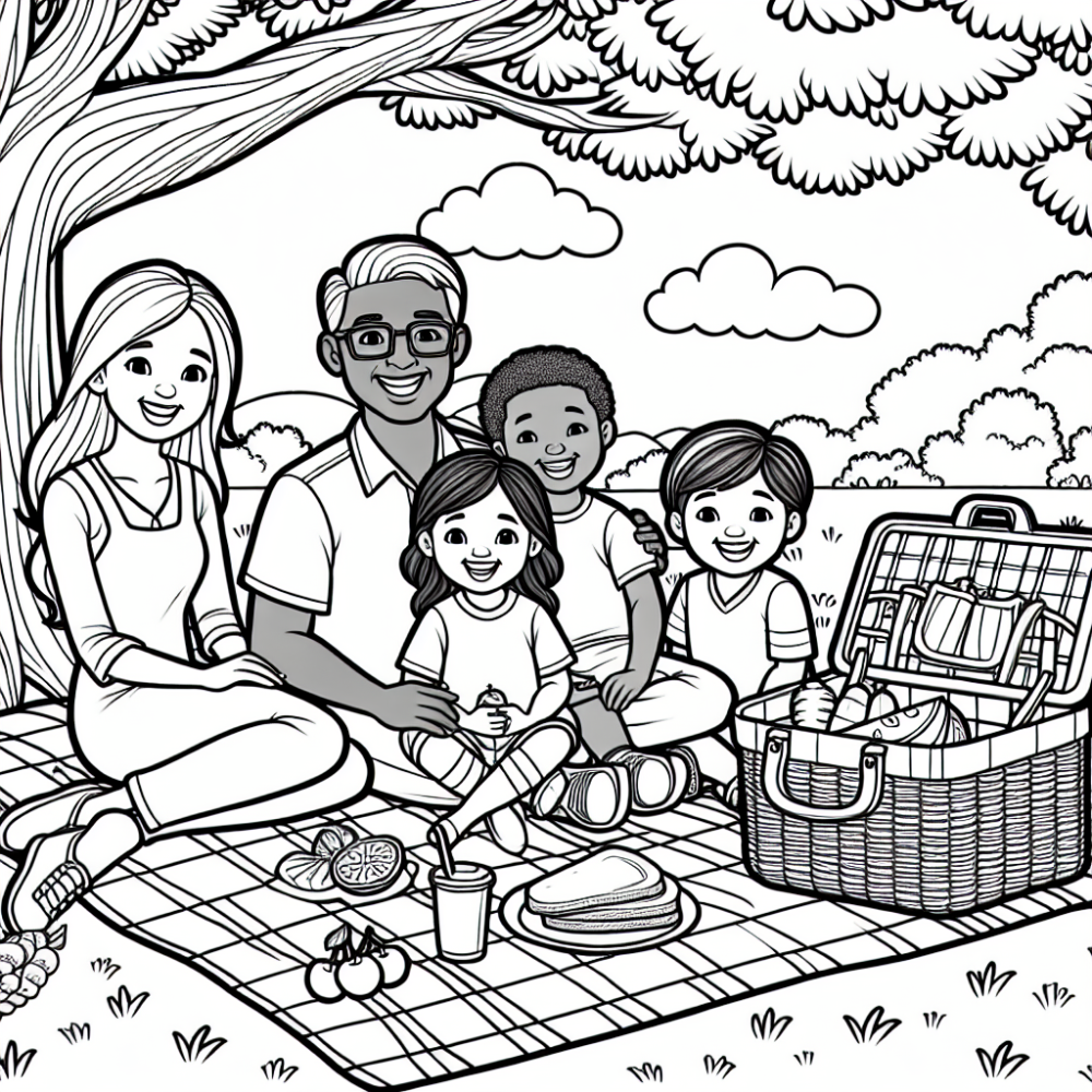 Coloring Page: Family Picnic Color Page for Kids