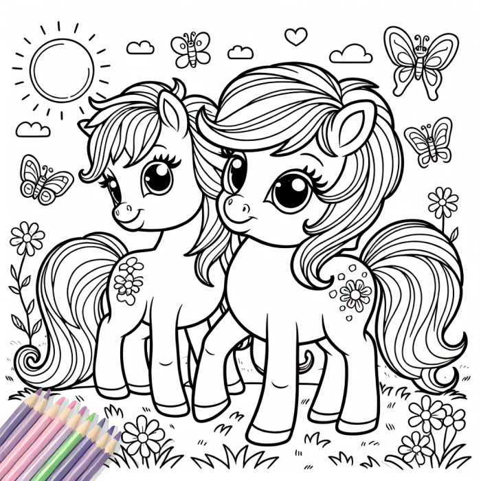 Coloring Page: Delightful Color Page for Kids Featuring Two Ponies
