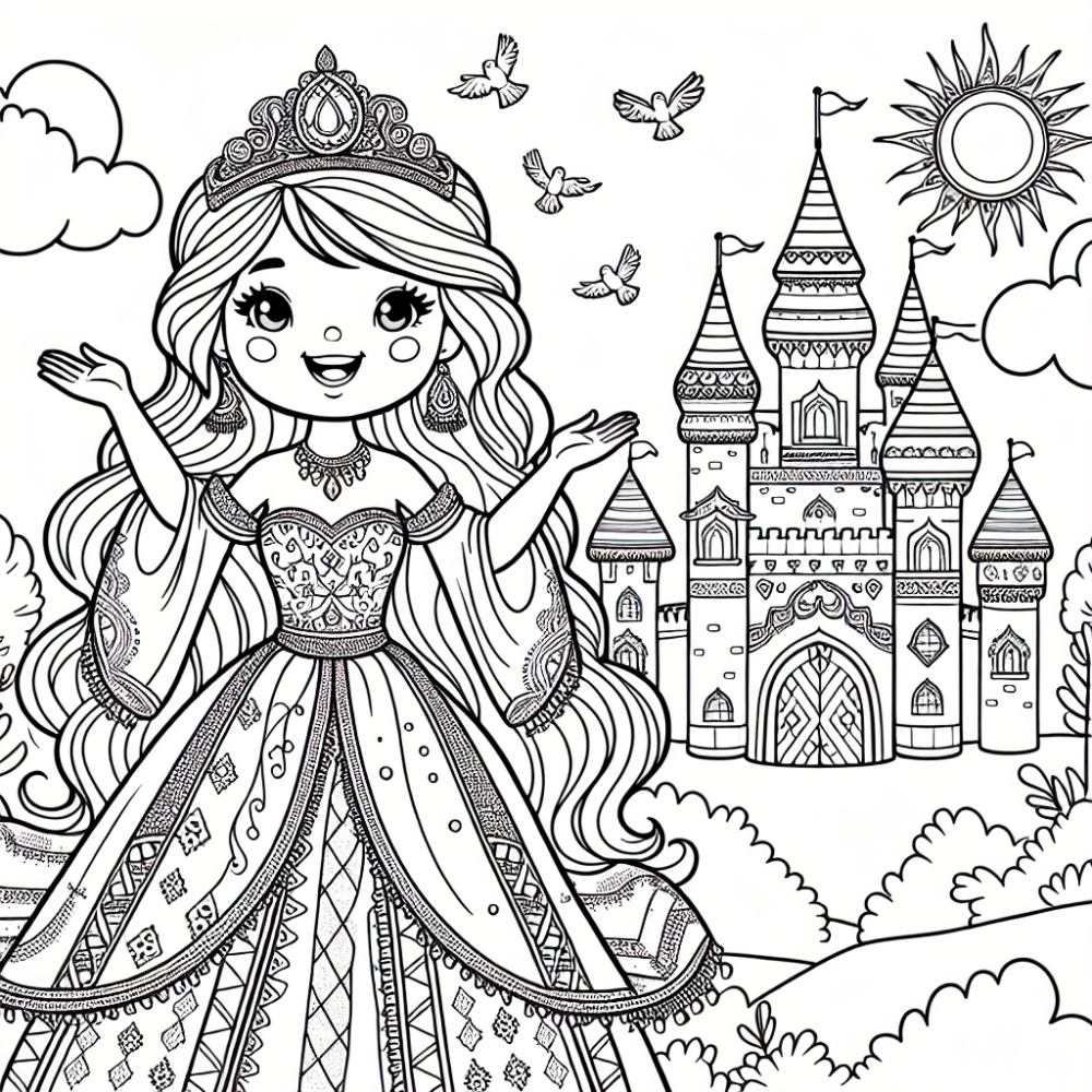 Coloring Page: Enchanting Princess and Castle Color Page for Kids